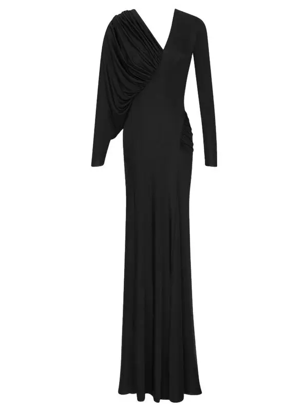 Saint Laurent Long-sleeved V-neck Dress With Asymmetrical Draping - Black