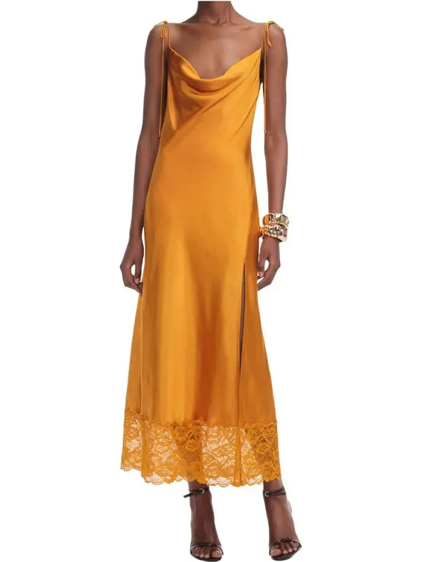 SELF-PORTRAIT Spaghetti Strap Lace Trim Midi Dress - Burnt Orange
