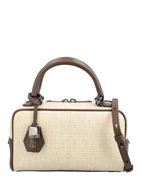 Brunello Cucinelli Structured Raffia Shoulder Bag With Padlock Detail - Beige