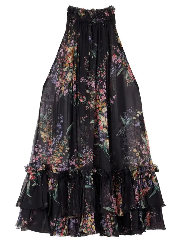 Dolce & Gabbana Floral Chiffon Ruffled Mini Dress - Black