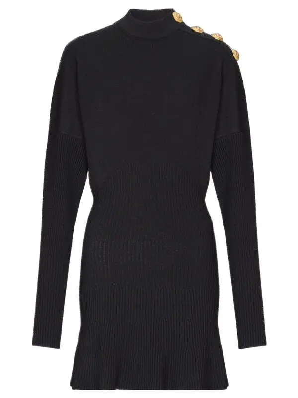 Balmain Knit Flared Dress With Lion Head Buttons - Black