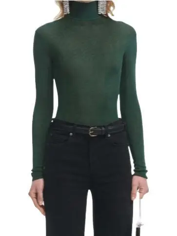 SELF-PORTRAIT Ribbed Turtleneck Top - Green