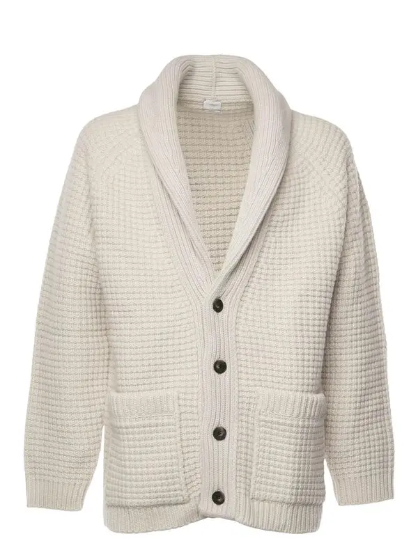 Eleventy Buttoned V-neck Knitwear With Shawl Collar And Pockets - White