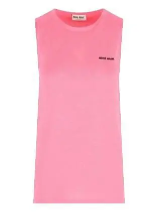 Miu Miu Sleeveless Crewneck Knit Top With Logo - Pink