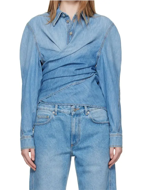 MUGLER Wrap-effect Denim Shirt - Blue