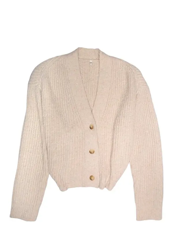 R13 Ribbed Cardigan With Y-neck And Slit Hem - Beige
