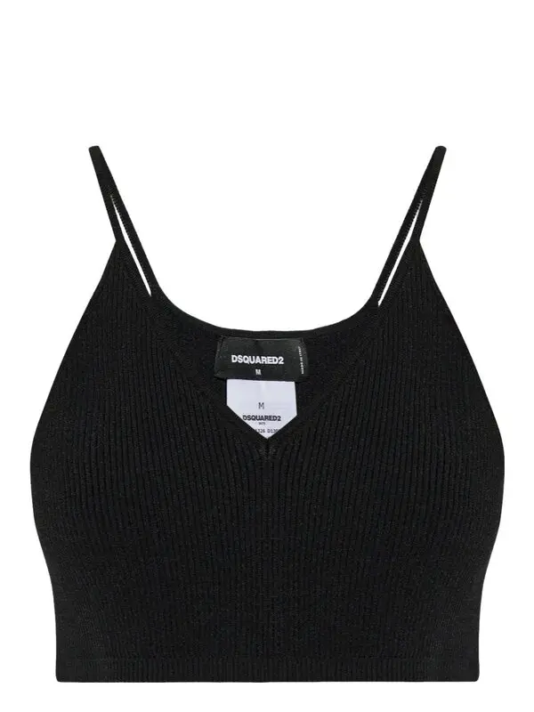 Dsquared2 Logo Plaque V-neck Ribbed Cropped Top - Black