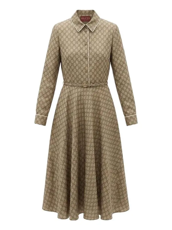Gucci Monogrammed Silk Shirt Dress - Camel