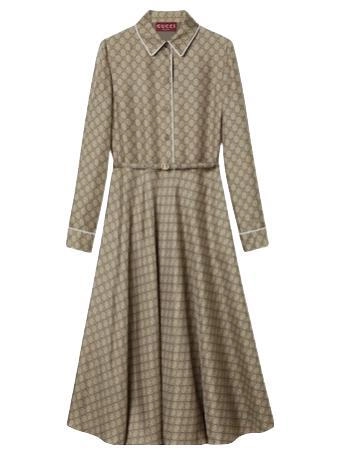 Gucci Monogrammed Silk Shirt Dress - Camel