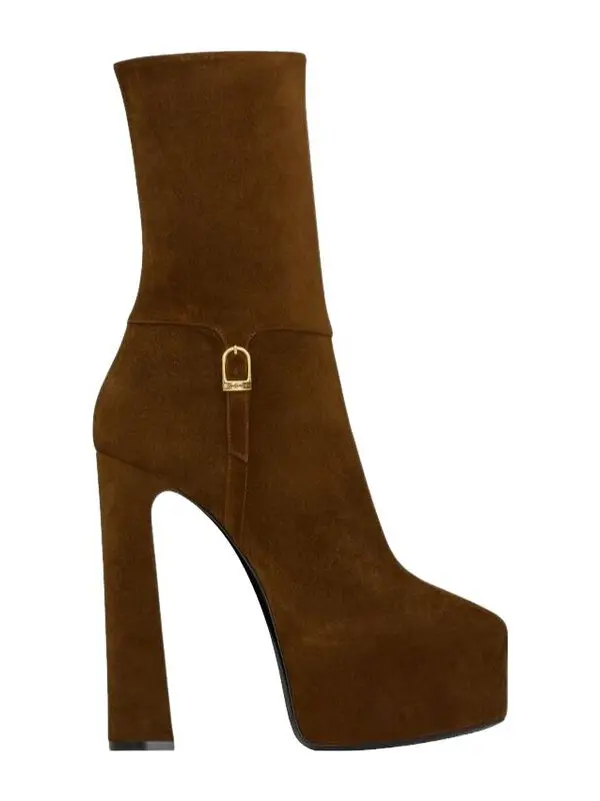 Saint Laurent Nico Platform Suede Booties - Brown