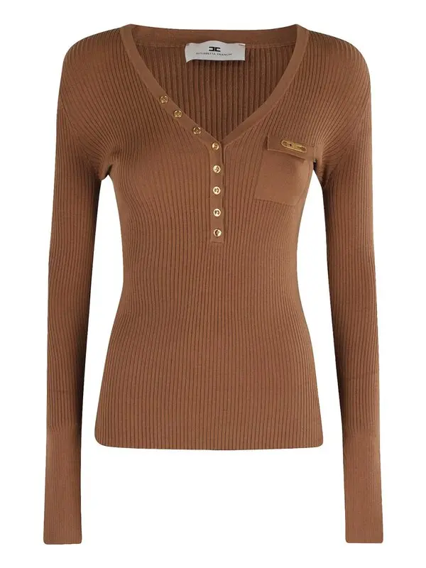 Elisabetta Franchi Ribbed V-neck Long Sleeve Top With Chest Pocket - Brown Sugar