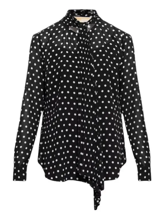Michael Kors Pleated Polka Dot Tie Neck Shirt - Black And White