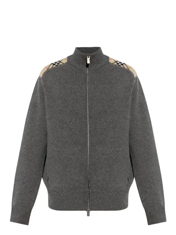 Burberry Checked Detail Zip-up Cardigan - Grey