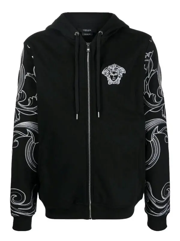 Versace Barocco Logo Embroidered Zip-up Hooded Jacket - Black