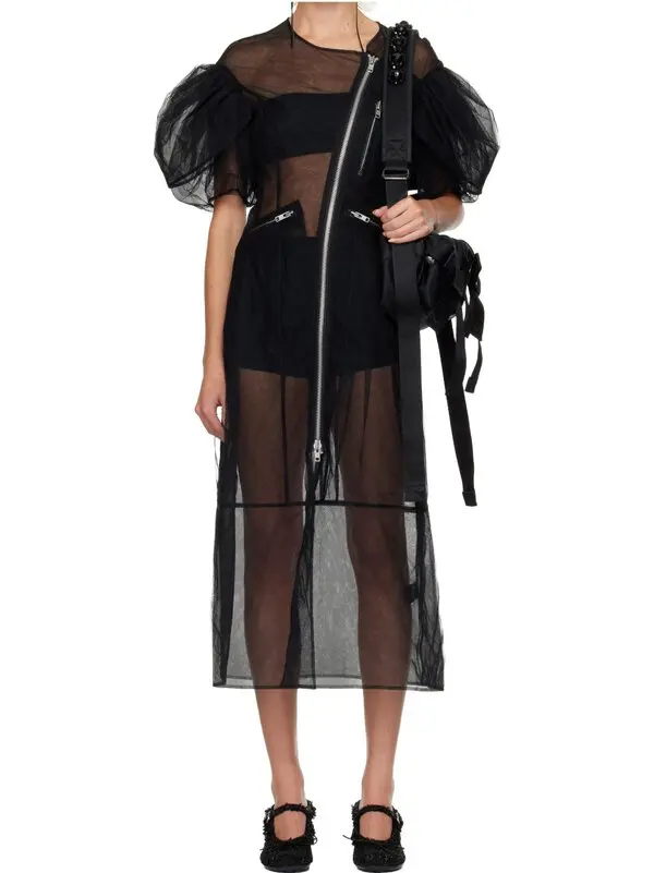 Simone Rocha Sheer Tulle Puff Sleeve Midi Dress - Black