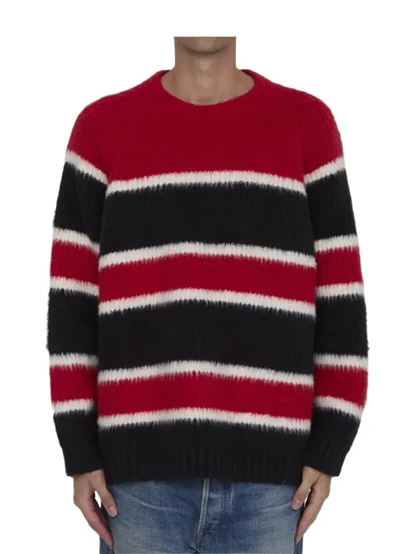 Celine Oversized Crew Neck Sweater In Brushed Striped Cotton - Black