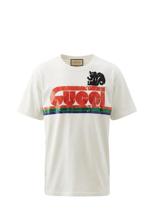 Gucci Weasel Sequin Embroidered Cotton T-shirt - White