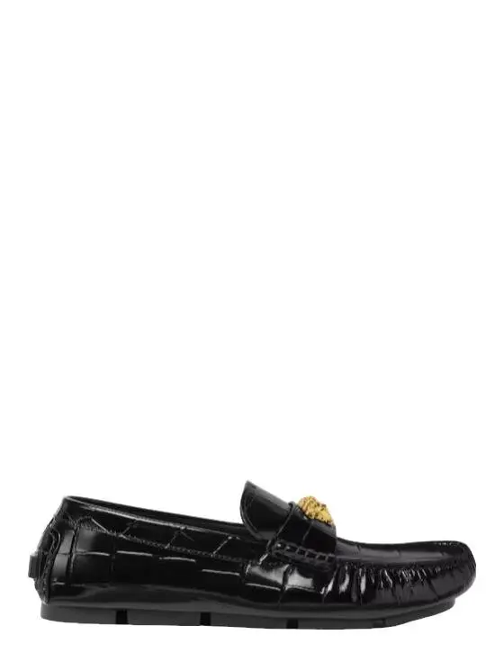 Versace Medusa Embossed Leather Drivers Loafers - Black/gold