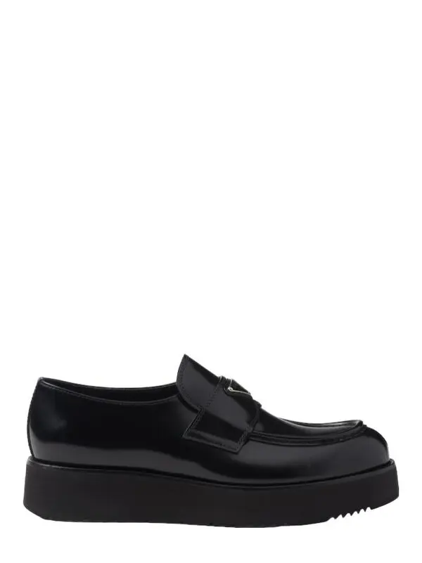 Prada Leather Loafers With Enamel Logo Detail - Black