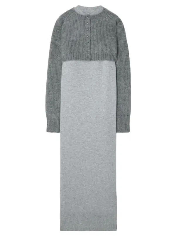 Sacai Layered Ribbed Maxi Dress With Faux Pearl Buttons - Gray