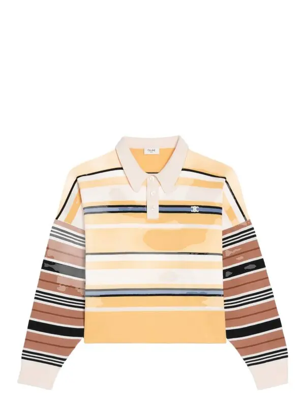 Celine Striped Cotton Polo With Triomphe Embroidery - Off-white/yellow/brown