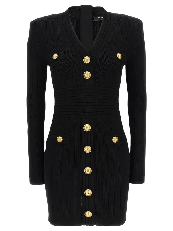 Balmain Logo Button Long-sleeved Mini Dress - Black