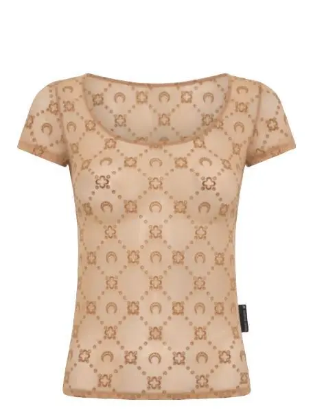 MARINE SERRE Moonogram Pattern Mesh Top - Moonlight Camel