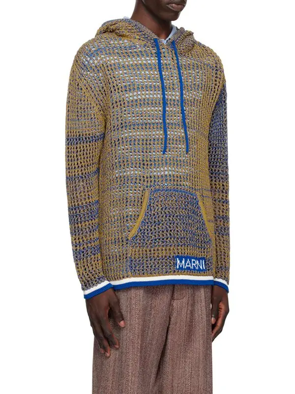 Marni Two-tone Knit Hoodie With Logo Detail - Brown