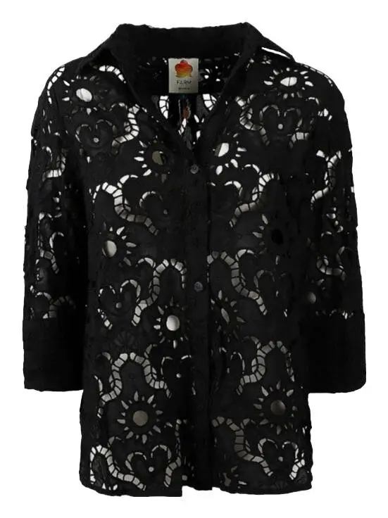Farm Rio Lace Long Sleeve Shirt With Lapel Collar - Black
