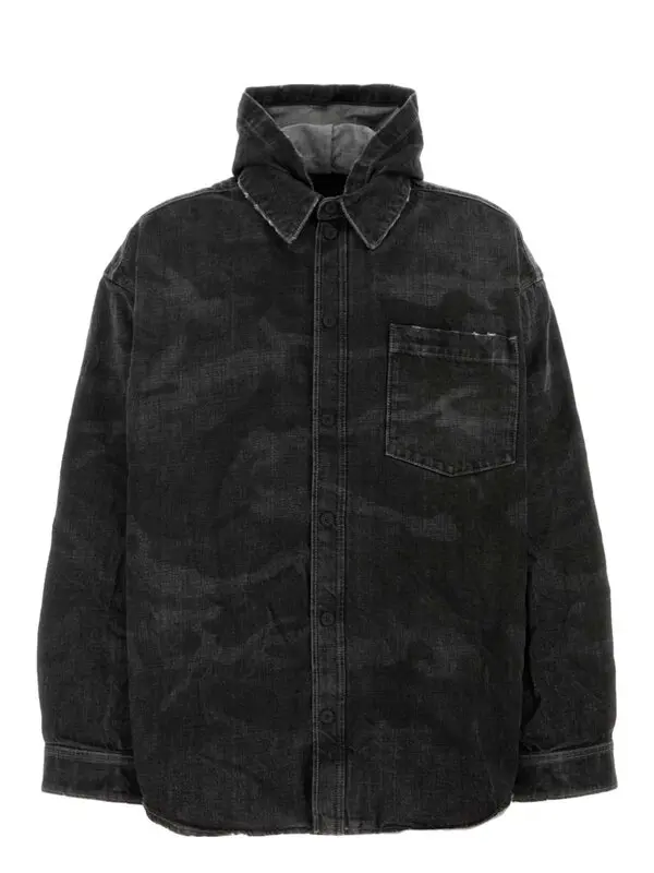 Balenciaga Hooded Denim Shirt Jacket With Distressed Wash - Black