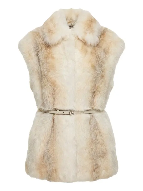 Gucci Sleeveless Shearling Belted Gilet - Nude