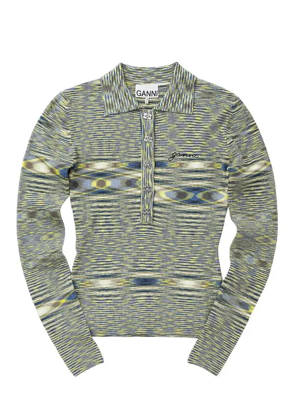 GANNI Spacedyed Knit Polo Top - Gray