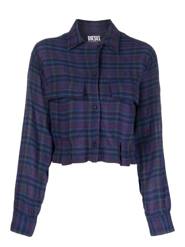 DIESEL® Cropped Plaid Long Sleeve Shirt - Black