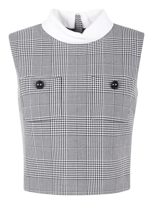 SELF-PORTRAIT Checked Cropped Vest With Zip Closure - Gray