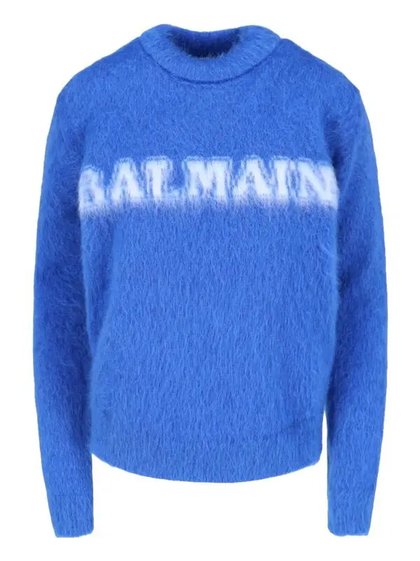 Balmain Logo Jacquard Crewneck Knitted Jumper - Blue