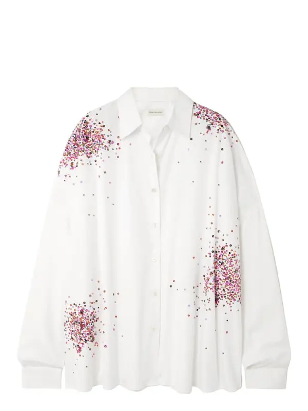 Dries Van Noten Oversized Embellished Cotton Oxford Shirt - White
