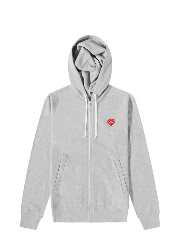 Play Comme Des Garcon X Invader Zip-up Hoodie With Heart Logo Embroidery - Gray
