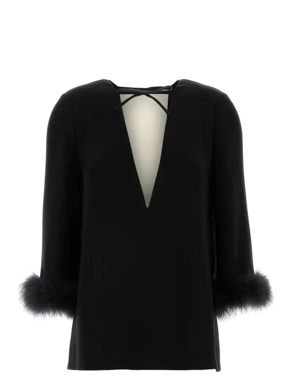 Valentino Garavani Feather-trim Bow Detailed Top - Black
