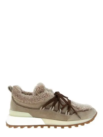 Brunello Cucinelli Monile Embellished Sheepskin And Fur Lined Sneakers - Brown