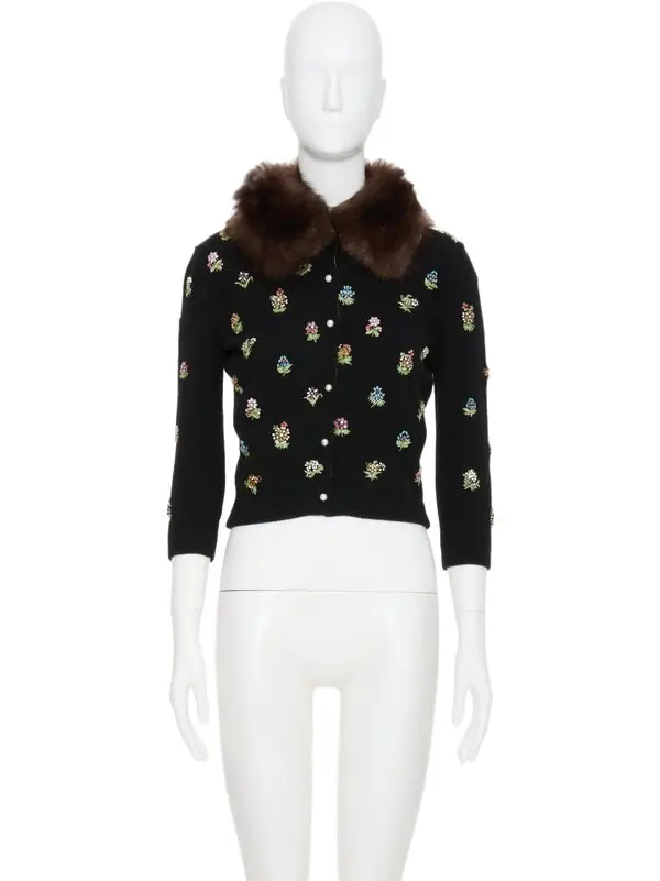 Valentino Garavani Floral Embellished Button-up Cardigan With Removable Tuscan Sheepskin Collar - Black