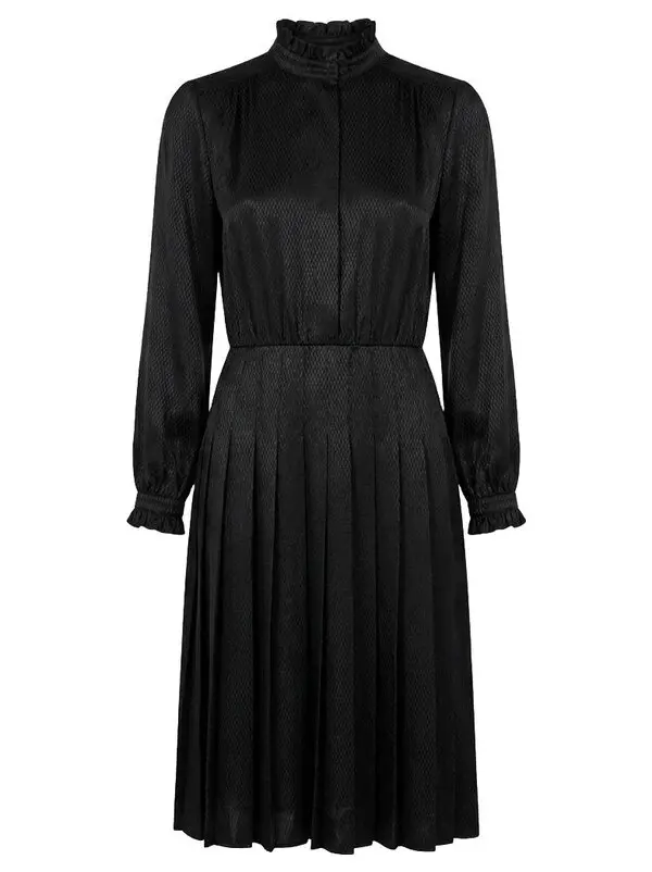 Saint Laurent Long-sleeve Pleated Dress With Ruffled High Neck - Black