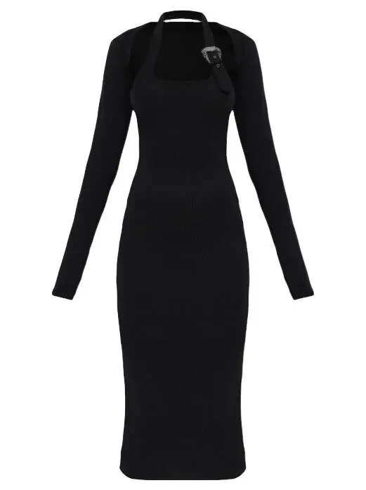 Versace Ribbed Cross-neck Midi Dress - Black