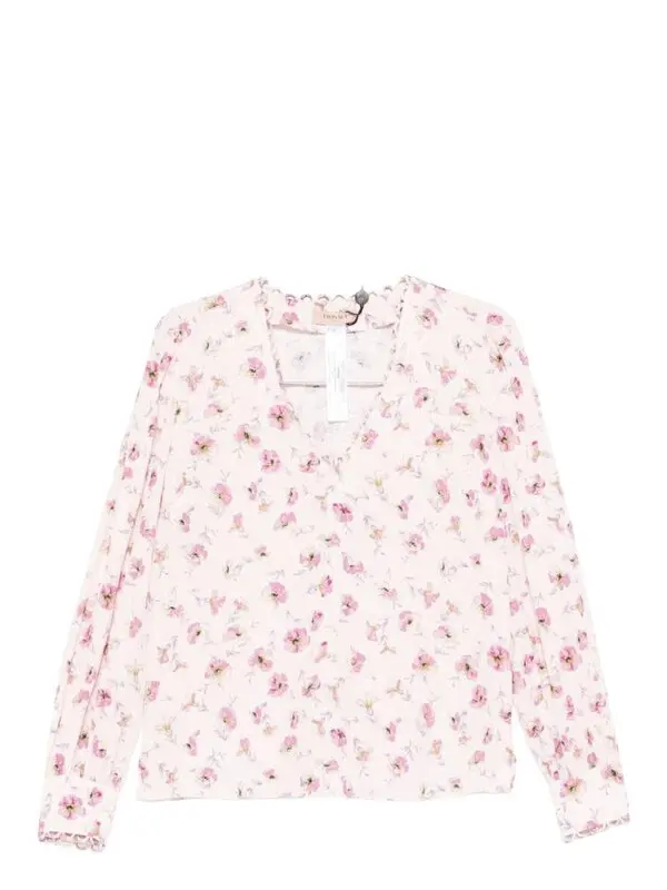 TWINSET Floral V-neck Long Sleeve Blouse - White