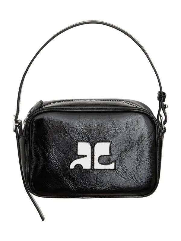 COURREGES Logo Detail Leather Shoulder Bag - Black