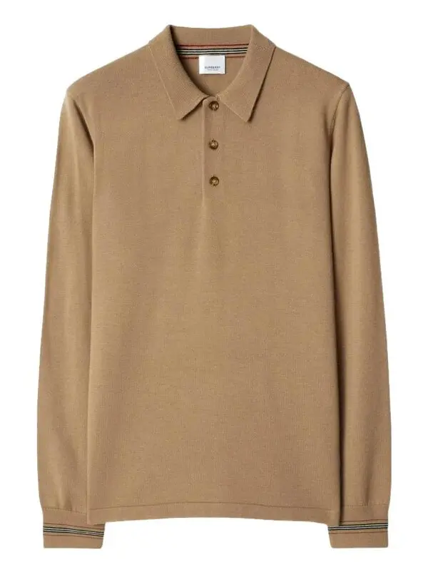 Burberry Logo Wool Sweater With Striped Trim - Camel-colored
