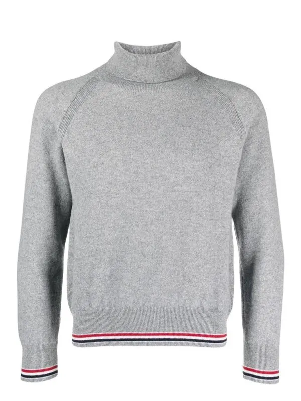 Thom Browne Cashmere Turtle-neck Sweater With Striped Detail - Light Gray