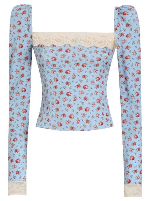 Dolce & Gabbana Floral Print Lace Trim Long Sleeve Top - Blue