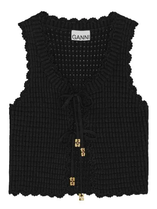 GANNI Textured Lace Knit Top With Tie Detail - Black