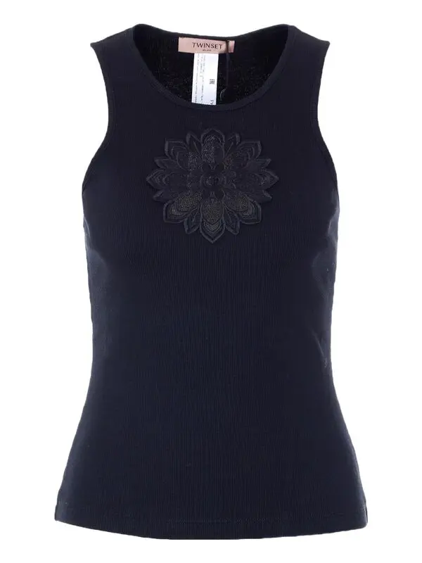 TWINSET Floral Embroidered Round Neck Tank Top - Black