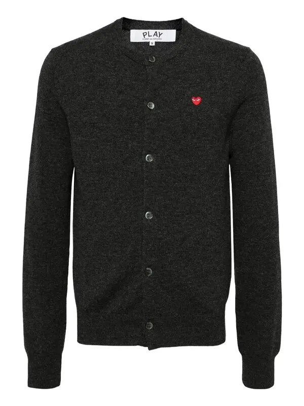 Play Comme Des Garcon Long Sleeved Knitted Cardigan With Heart Logo - Charcoal-grey